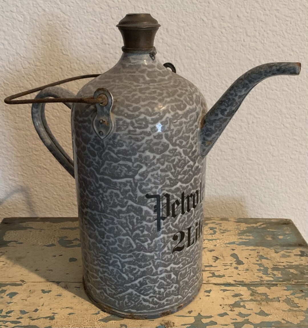 RARE 2 Liter Antique French Enamel Petroleum Gasoline Jug Can With ...