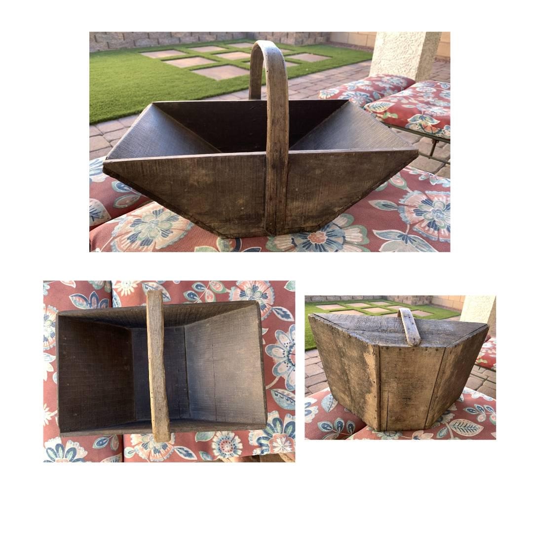Antique French Wooden Garden Trug Gathering Basket With Bentwood Handle ...