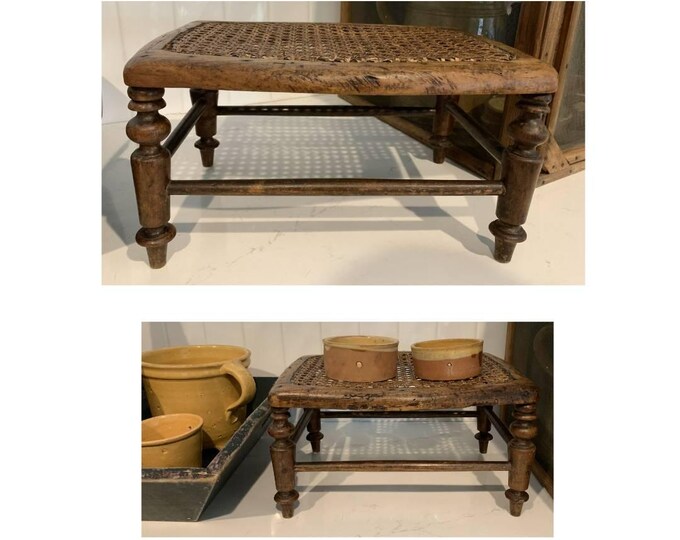 Antique French Turned Wood Footstool Footrest With Woven Cane; Use as a ...