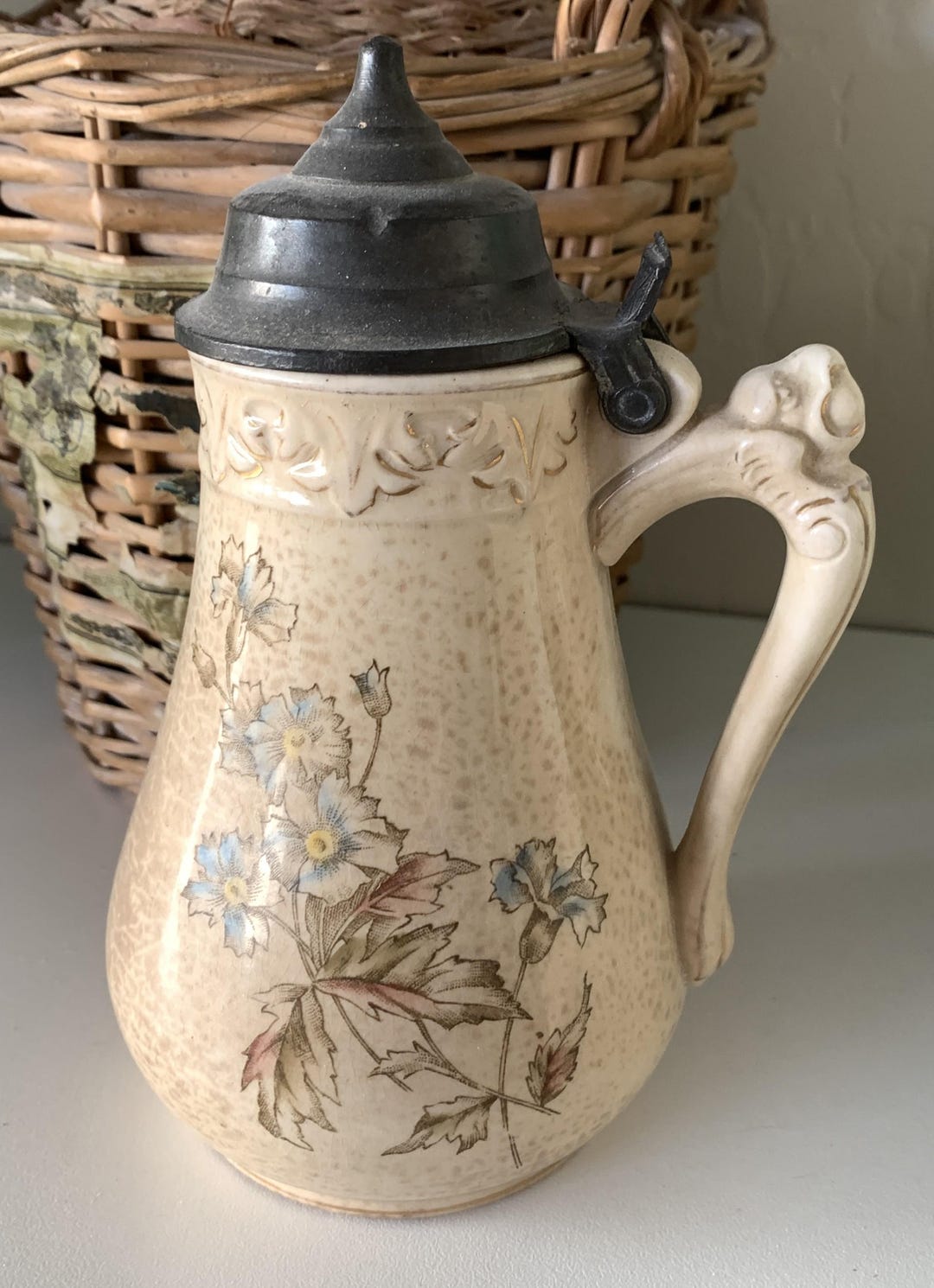 Antique Bennett Ironstone Syrup Pitcher & Pewter Hinged Lid, Floral Transfer; Staining and ...
