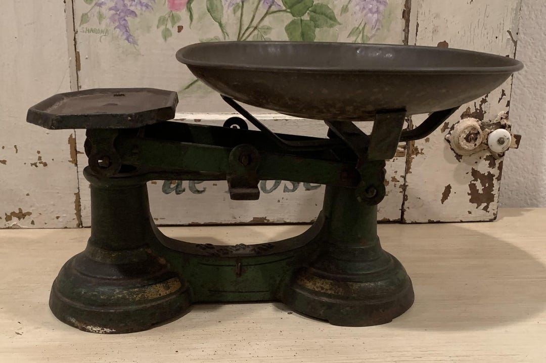 Vintage English Cast Iron Green Weighing Scale With Round Metal Pan ...