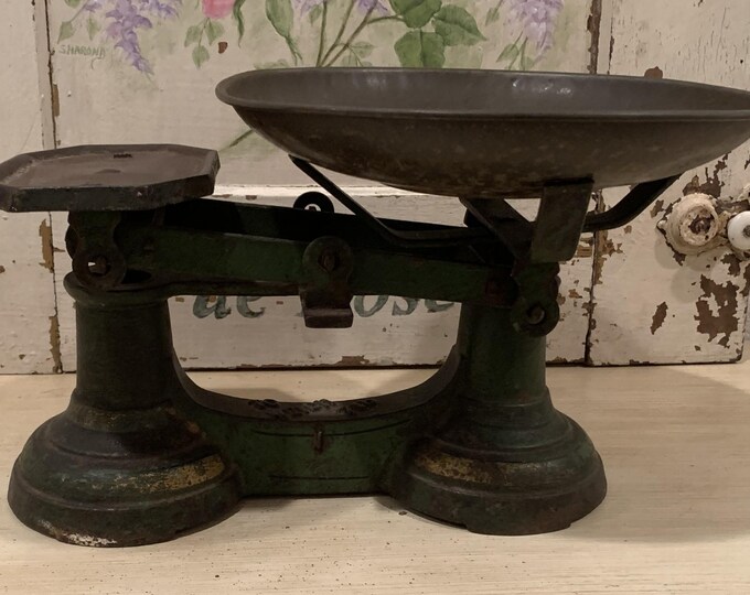 Vintage English Cast Iron Green Weighing Scale With Round Metal Pan ...