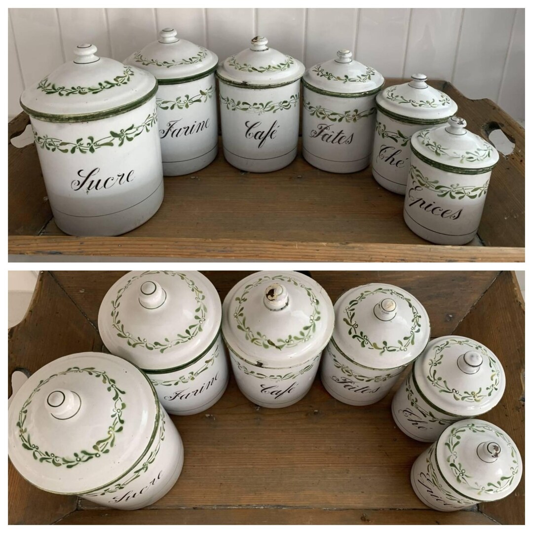 Antique French Enamel Canister Set: White With Green Garland, Set of ...