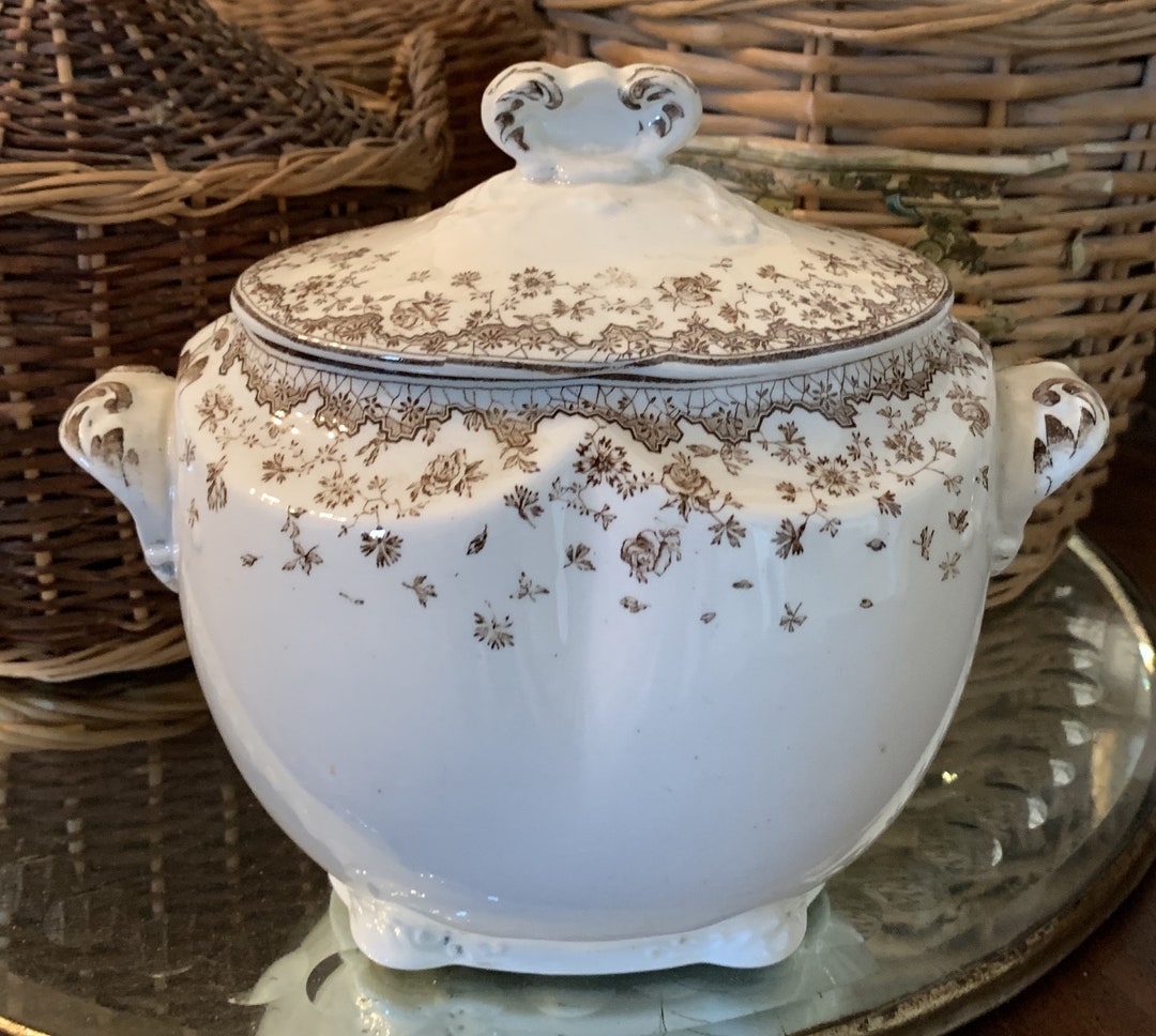 English Antique George Jones Sugar Bowl & Lid; White With Brown ...