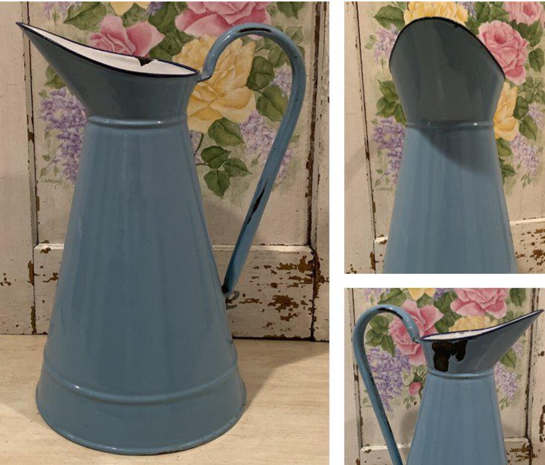 Lovely Tall Vintage French Enamel Pitcher in Rare Turquoise Blue; Use ...
