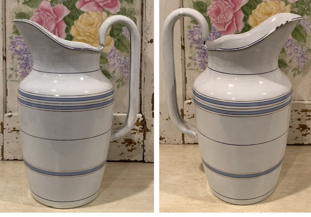 Large Vintage French Enamel Water Pitcher, White With Tall Handle ...