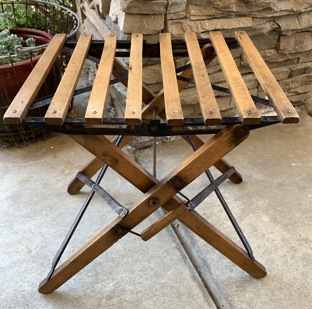 Vintage French Wooden Slat Folding Fishing Stool With Black Painted ...