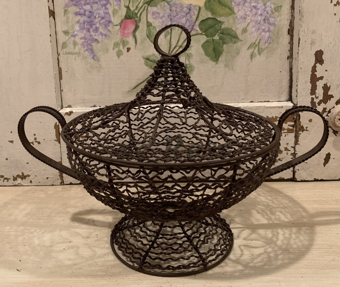 Vintage French Wireware Bowl Basket With Pedestal Wire Base, Lid and ...