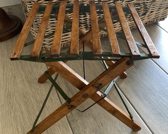 Classic Vintage French Wooden Slat Folding Fishing Stool With Green ...