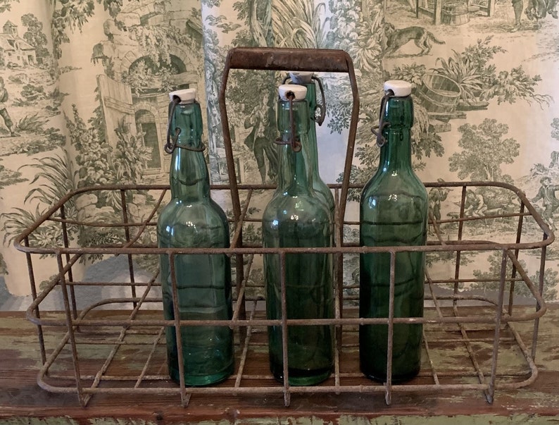Vintage French Wire Bottle Caddy: Farmhouse Kitchen Storage, AR Handle ...