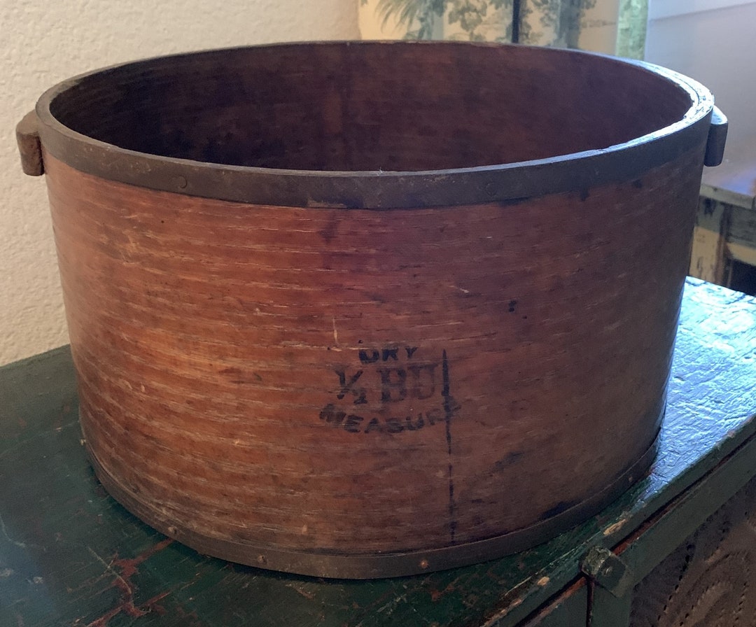 Large Antique Primitive Bentwood 1/2 Bushel Dry Grain Measure Metal ...
