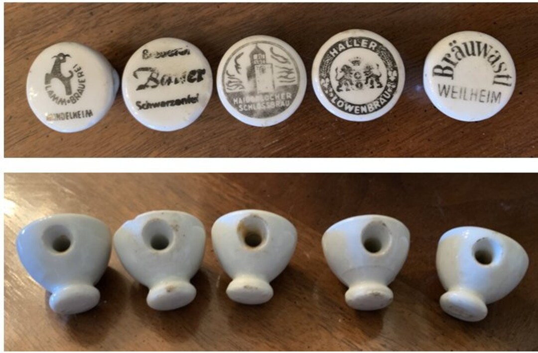 FIVE Unique Antique German White Porcelain Beer Bottle Stoppers; Beer ...