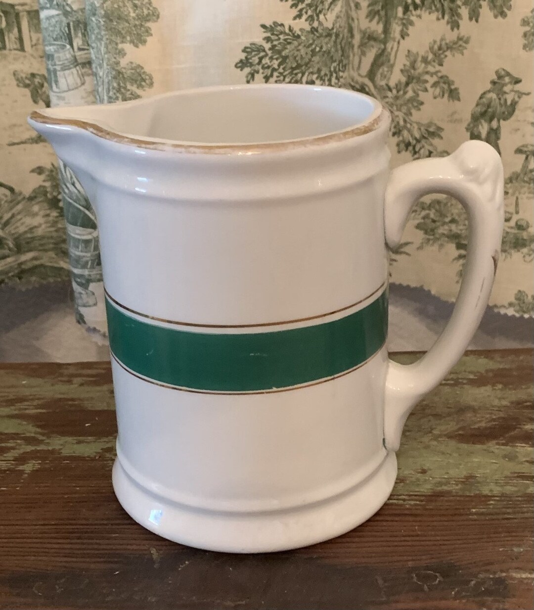 White Homer Laughlin Ironstone Pitcher, Underglaze Green Band & Gold ...