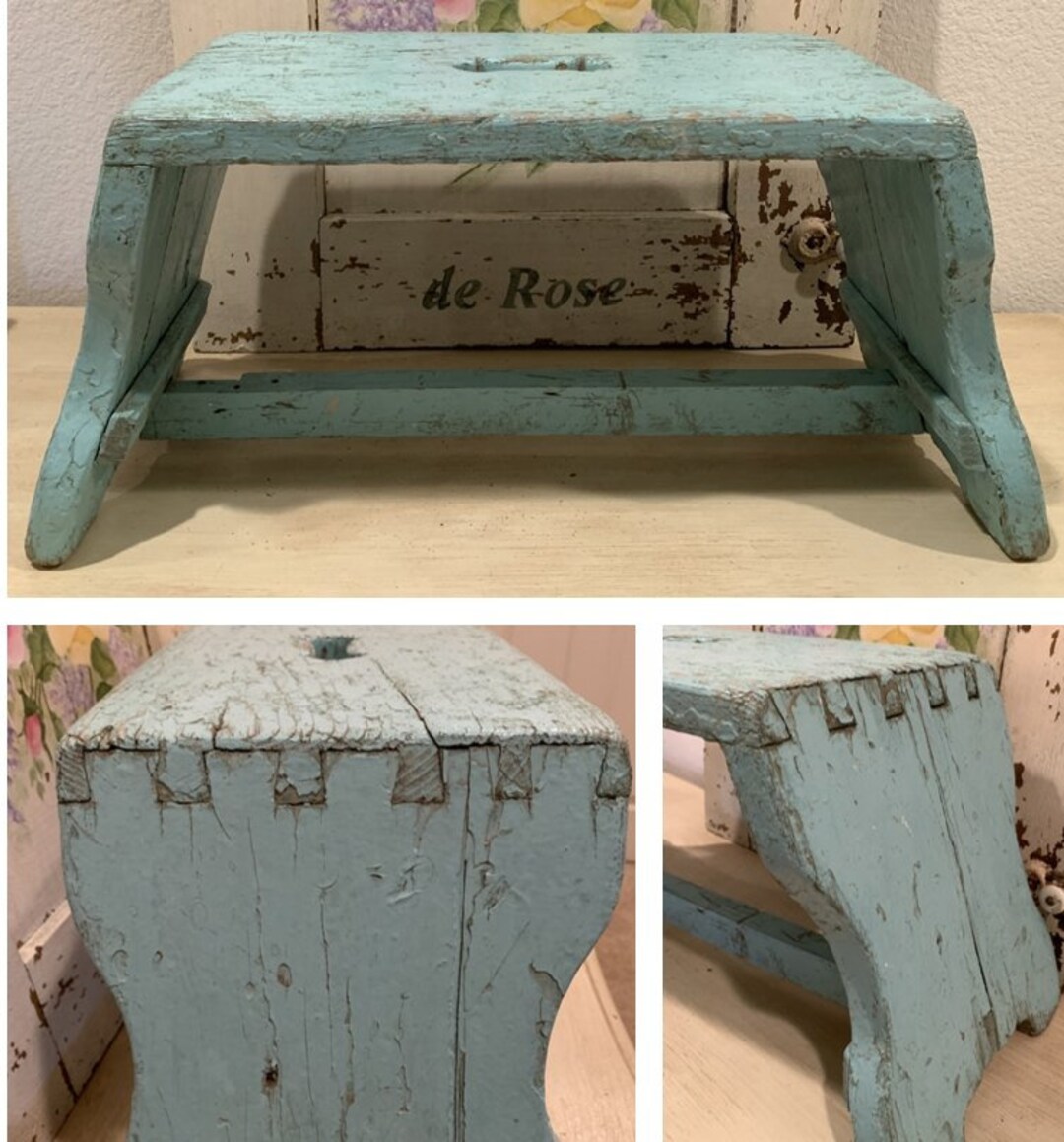French Vintage Primitive Wood Milking Stool, Chippy Aqua Paint Dovetail ...