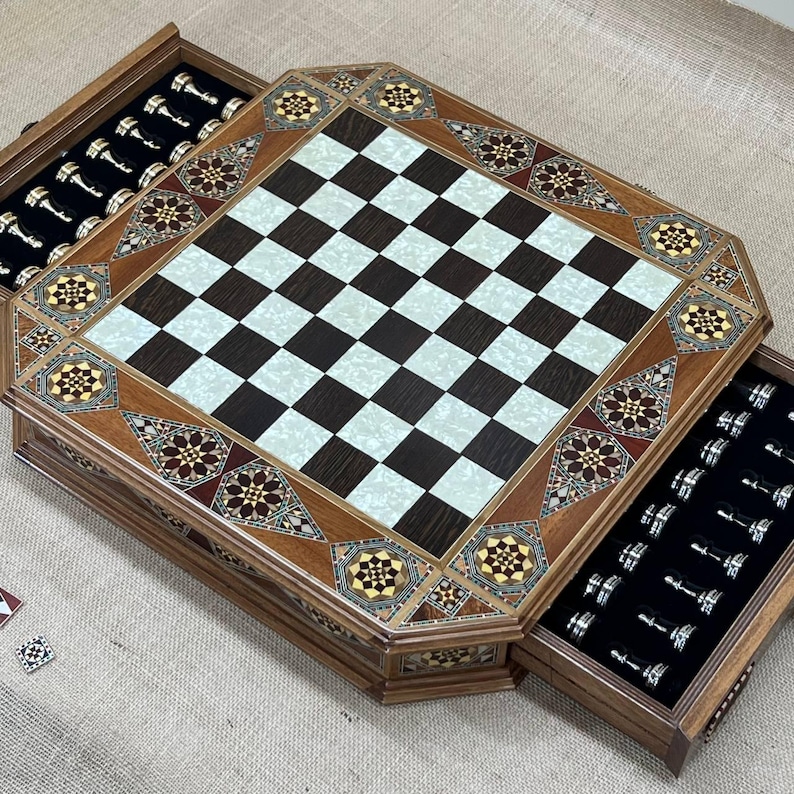Custom Handmade Wooden Chess Set – Marquetry Mosaic Design & Dual ...