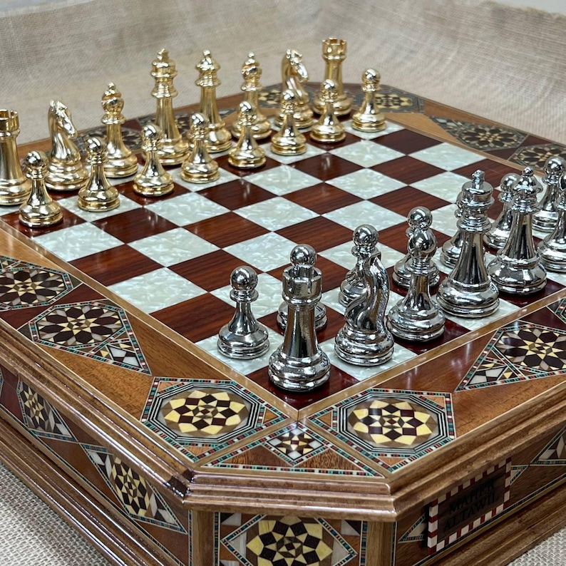 Custom Handmade Wooden Chess Set – Marquetry Mosaic Design & Dual ...