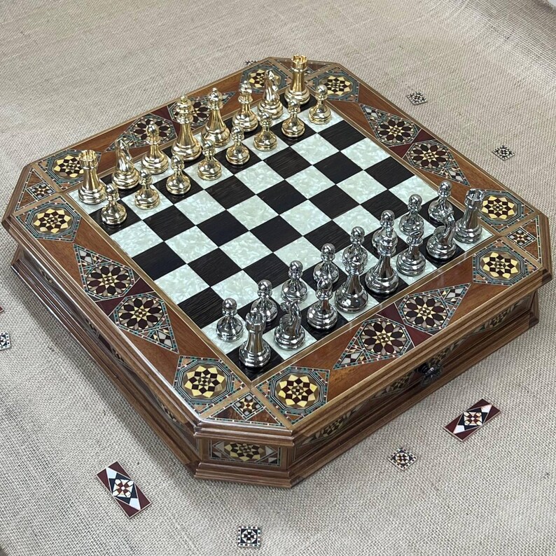 Custom Handmade Wooden Chess Set – Marquetry Mosaic Design & Dual ...
