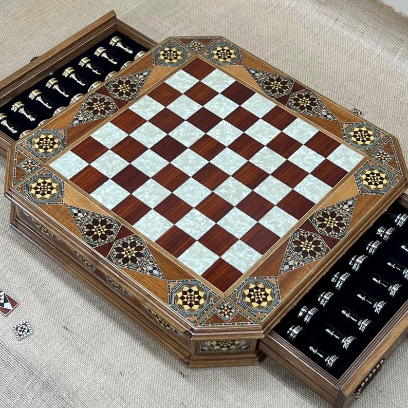 Custom Handmade Wooden Chess Set – Marquetry Mosaic Design & Dual ...