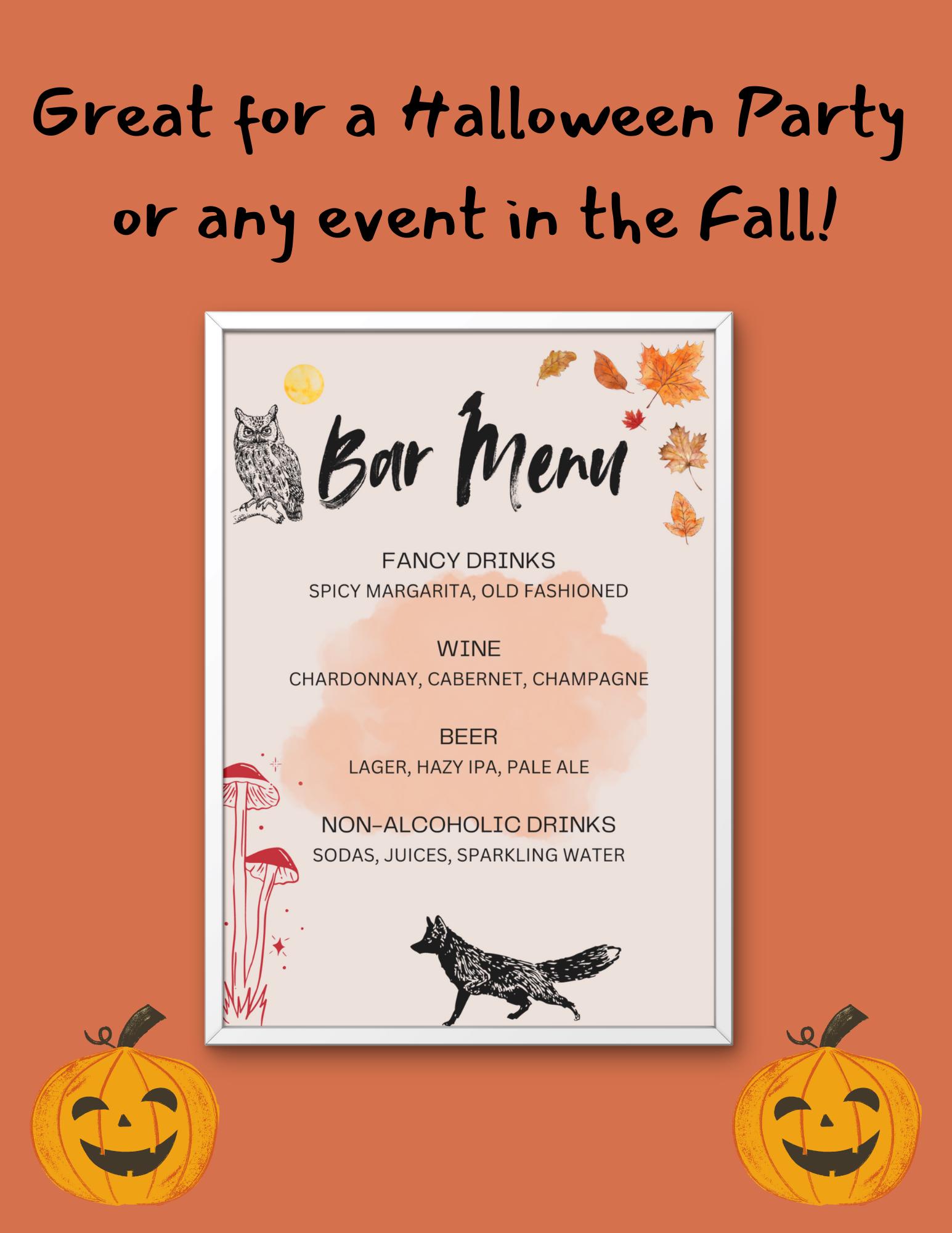 Halloween Bar Menu Template, Fall Season Decor, Canva, Printable ...