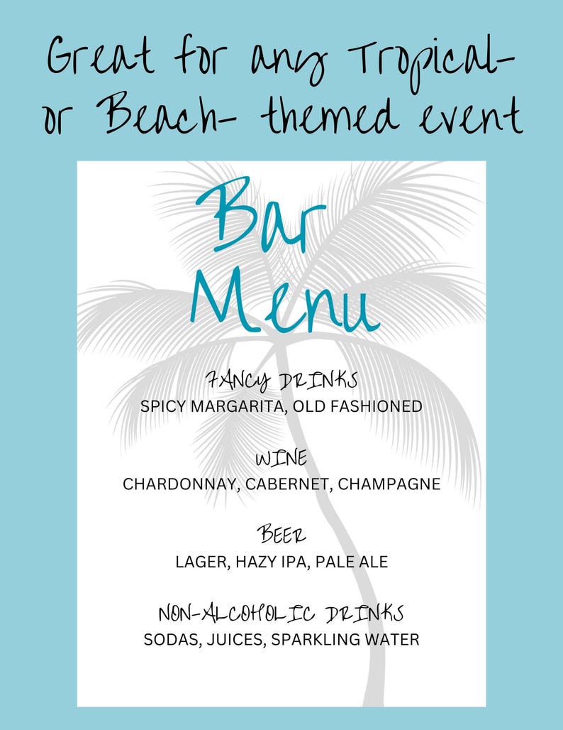 Editable Bar Menu Template, Beach Theme, Island Theme, Beach Wedding ...