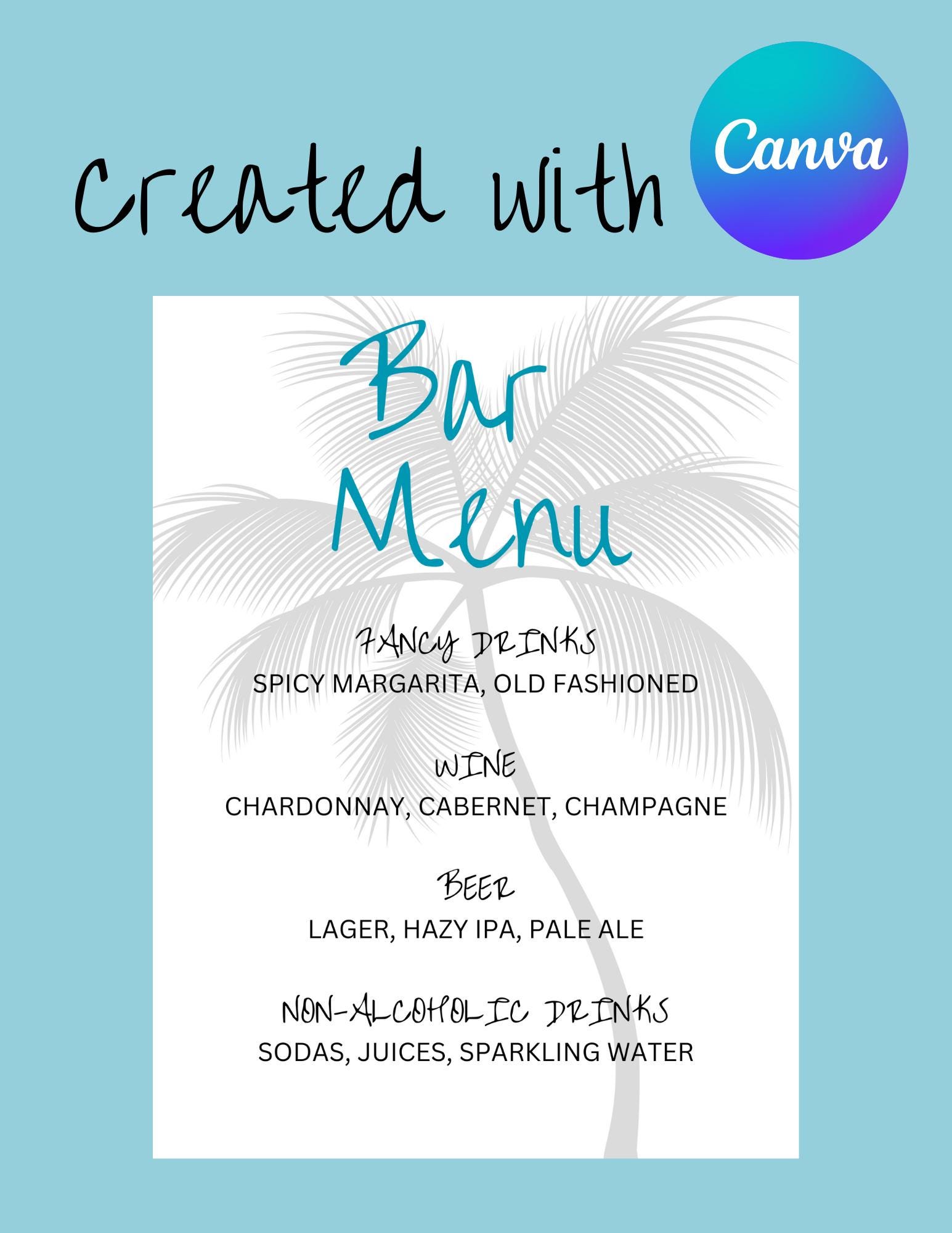 Editable Bar Menu Template, Beach Theme, Island Theme, Beach Wedding ...
