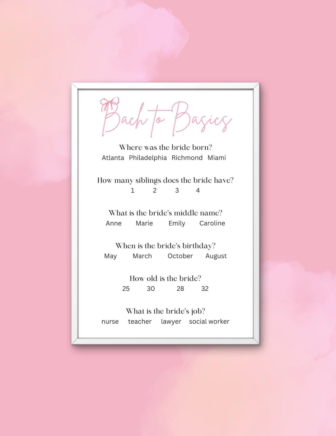Bow Themed Bach Party Game Template, Customizable, Bachelorette Party ...