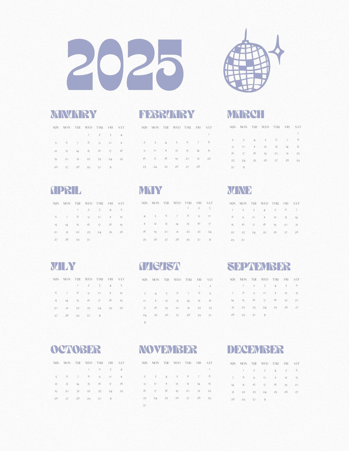 Disco Months Minimalist Monthly 2025 Calendar Poster - Etsy