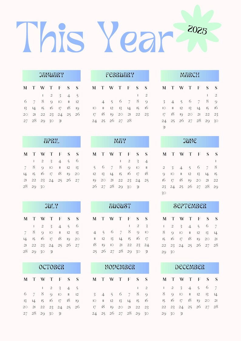 Green and Blue Funky 2025 Calendar Monthly Weekly Printable - Etsy