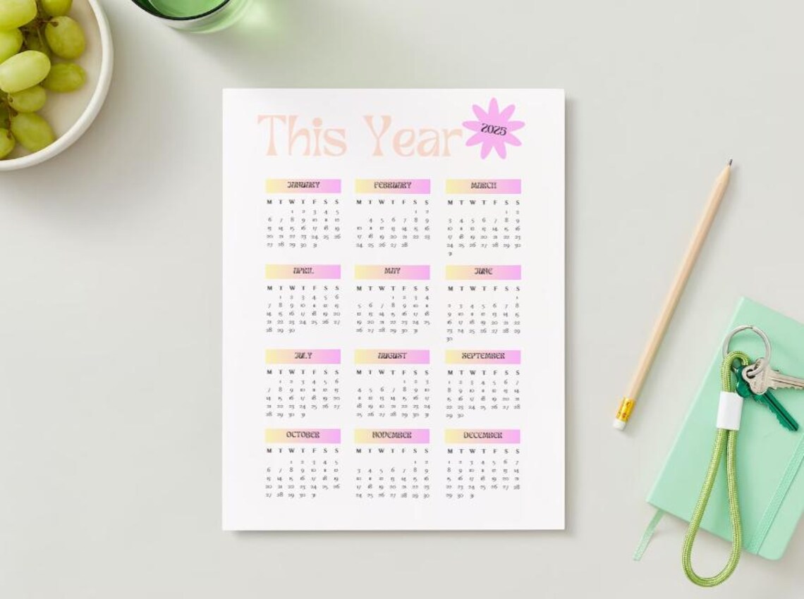 Yellow and Pink Modern 2025 Calendar Monthly Weekly Printable Document ...