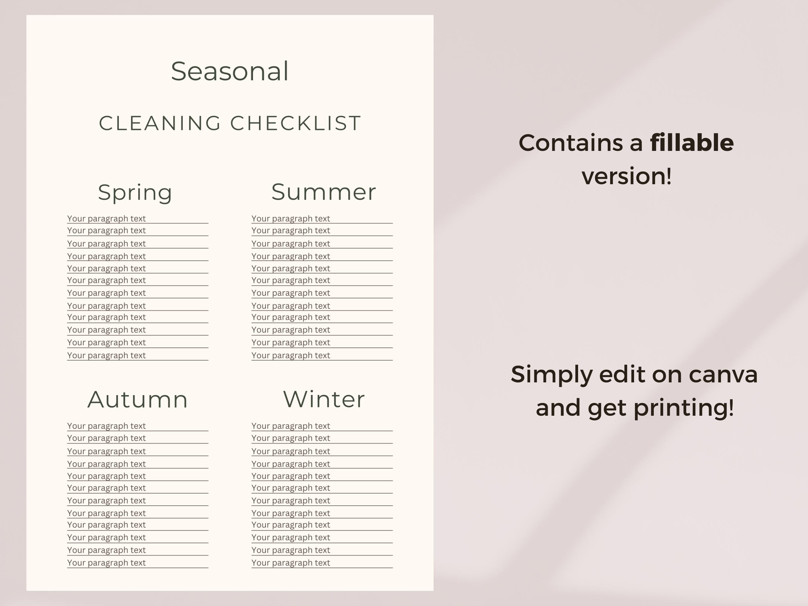 Printable Seasonal Cleaning Checklist Template | Editable A4 PDF ...