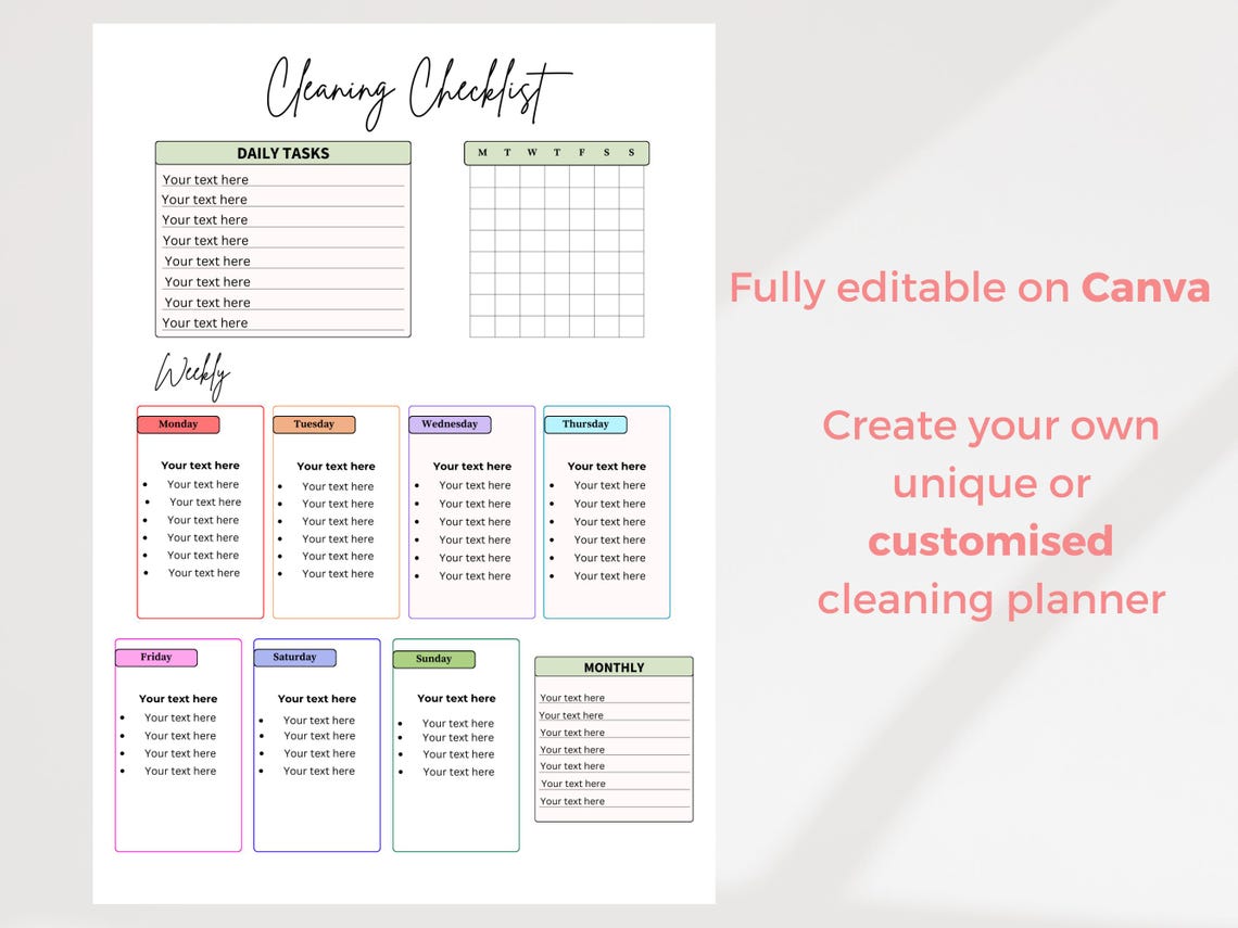 PRINTABLE + EDITABLE Cleaning Checklist Template, Weekly Chore ...