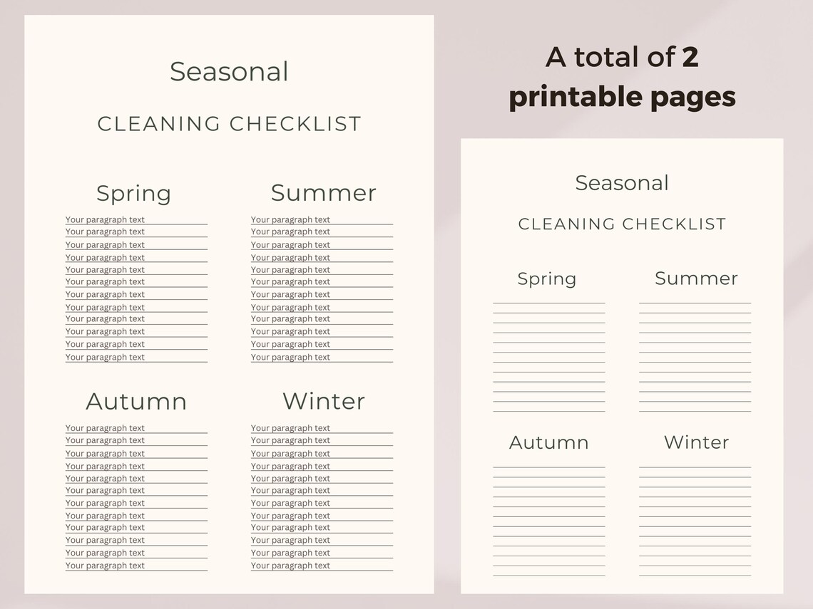 Printable Seasonal Cleaning Checklist Template | Editable A4 PDF ...