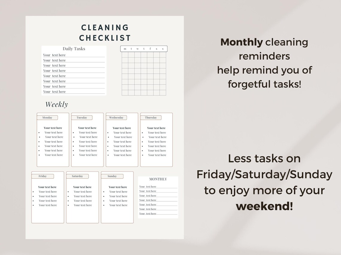 PRINTABLE + EDITABLE Cleaning Checklist Template, Weekly Chore ...
