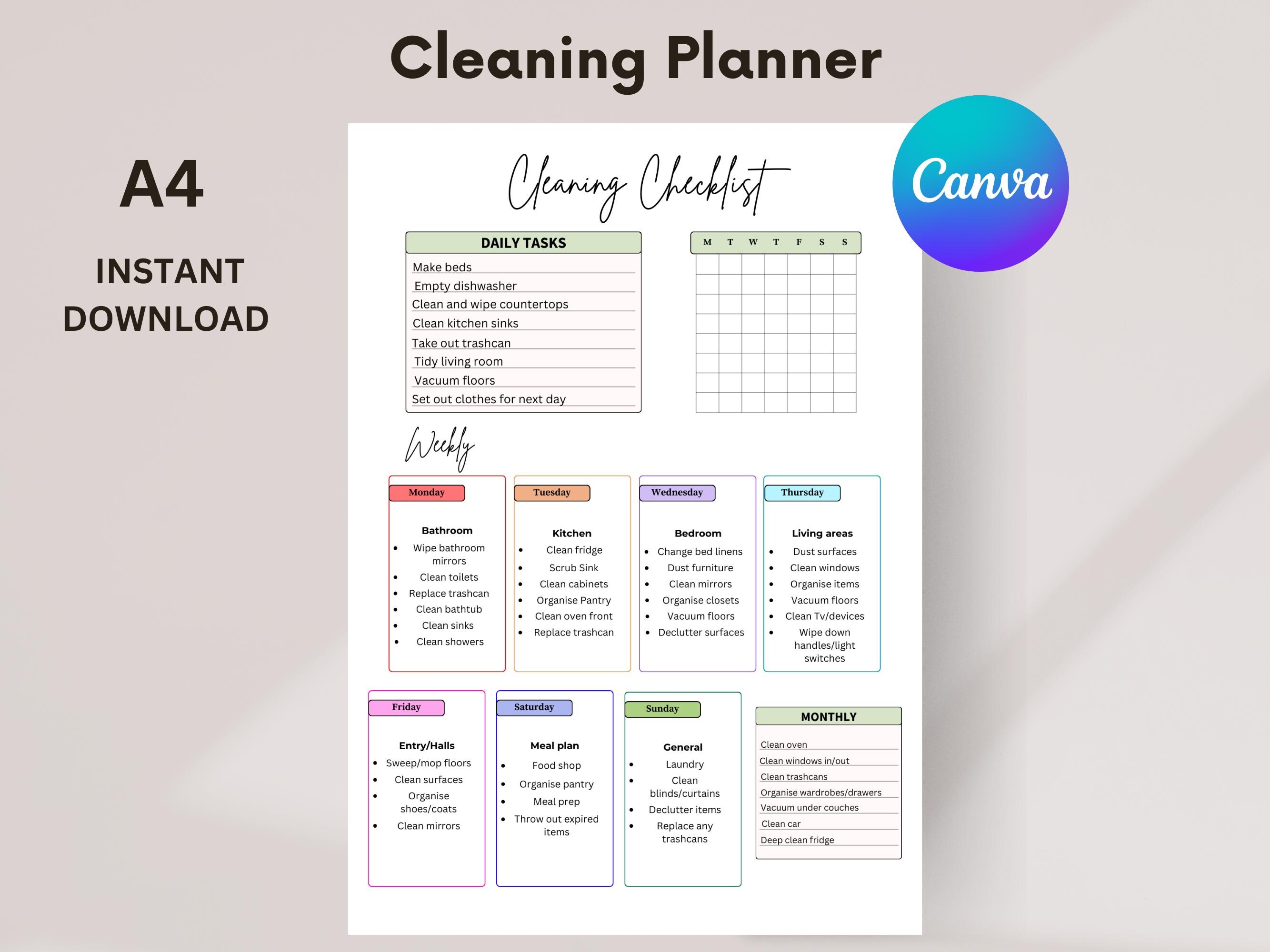 PRINTABLE + EDITABLE Cleaning Checklist Template, Weekly Chore ...