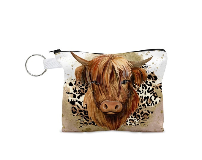 Highland Cow With Leopard Print Coin Purse - Change Purse - Pouch With ...
