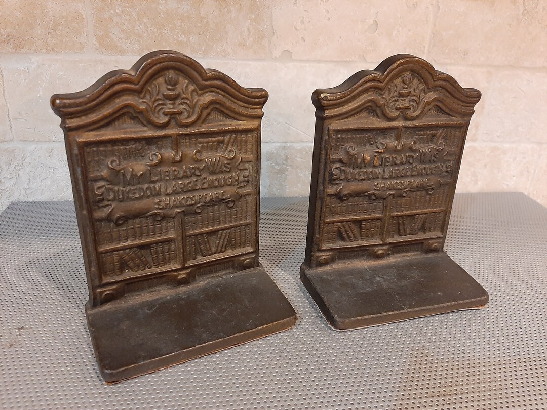 Vintage Cast Iron Shakespeare Bookends " My Library Was Dukedom Large ...