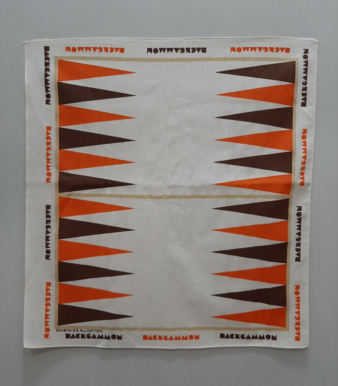 Vintage MCM Cotton Backgammon Game Board Scarf Cloth Fabric Orange and ...