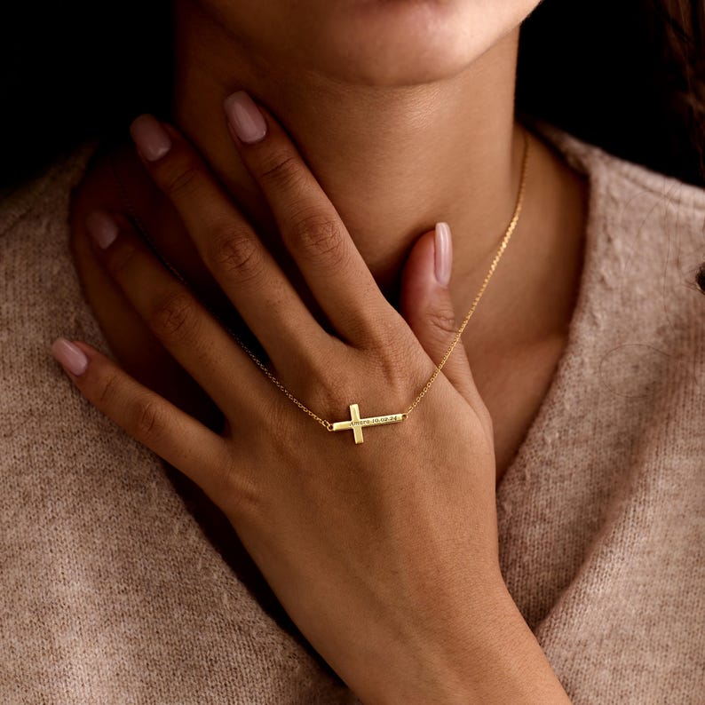 Engraved Cross Necklace, Sideways Gold Pendant, Personalized Faith Gift ...