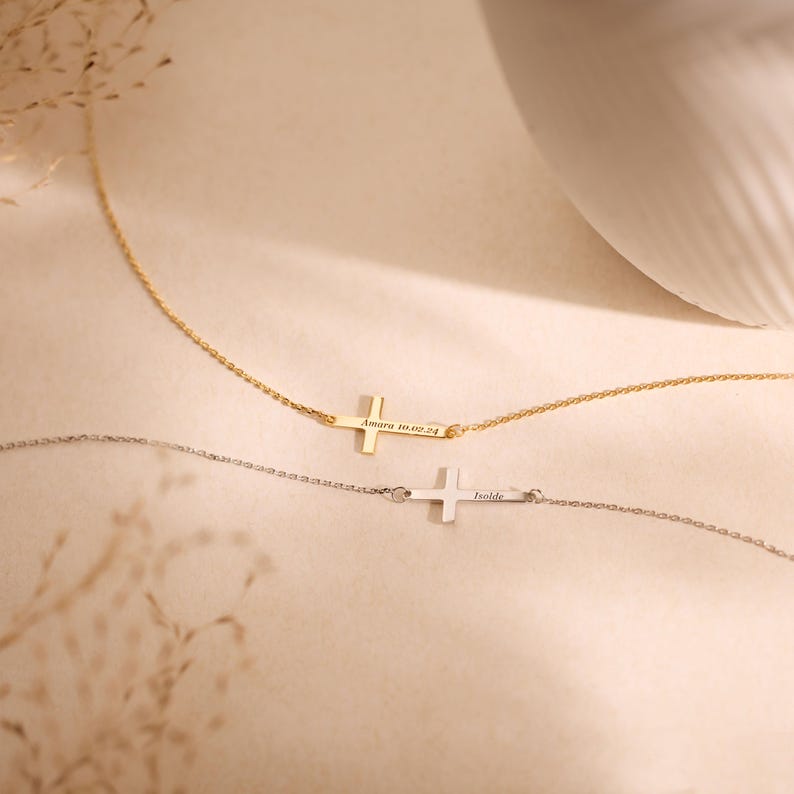 Engraved Cross Necklace, Sideways Gold Pendant, Personalized Faith Gift ...