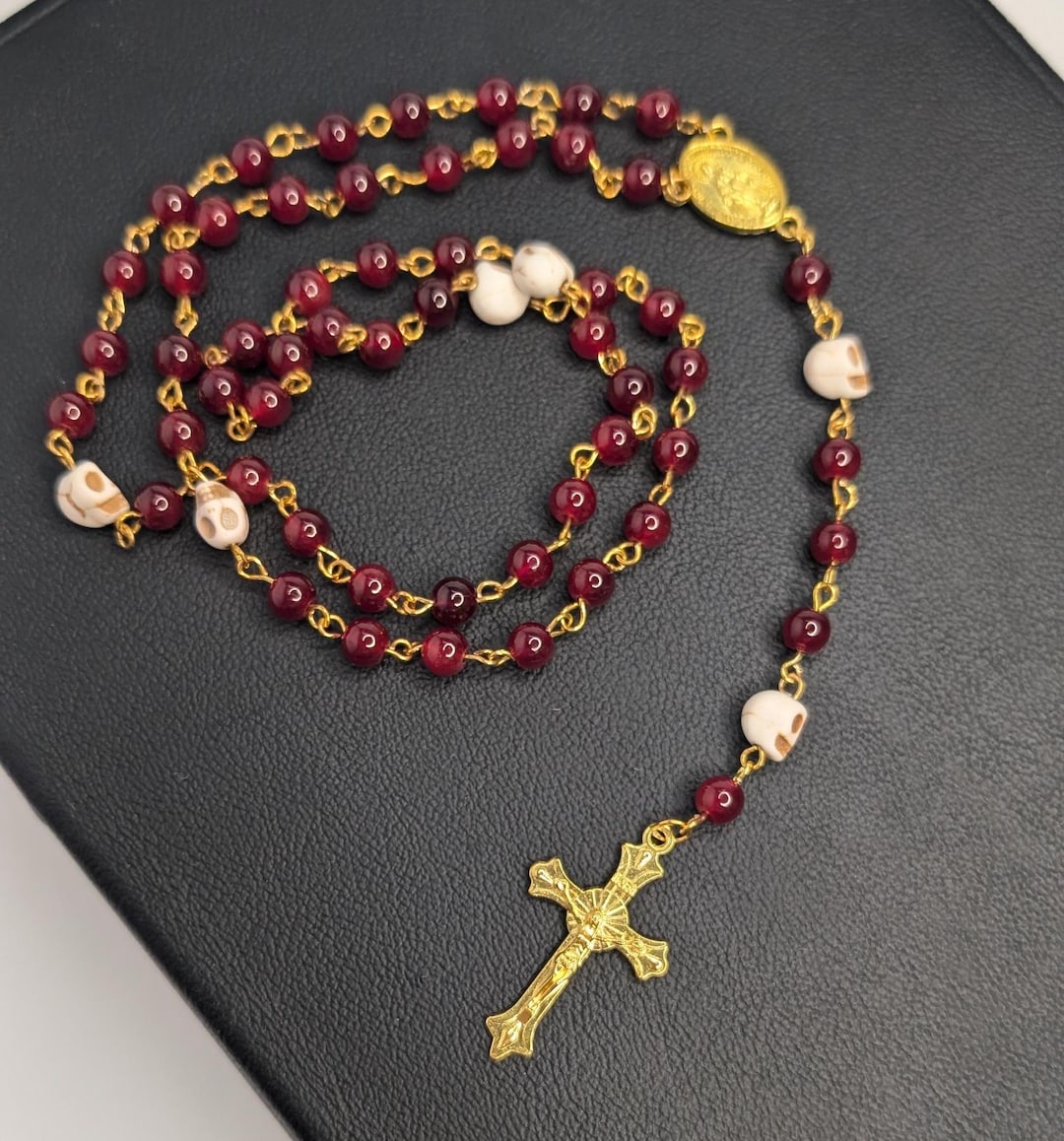 Memento Mori Red and Gold Skull Catholic Rosary - Etsy