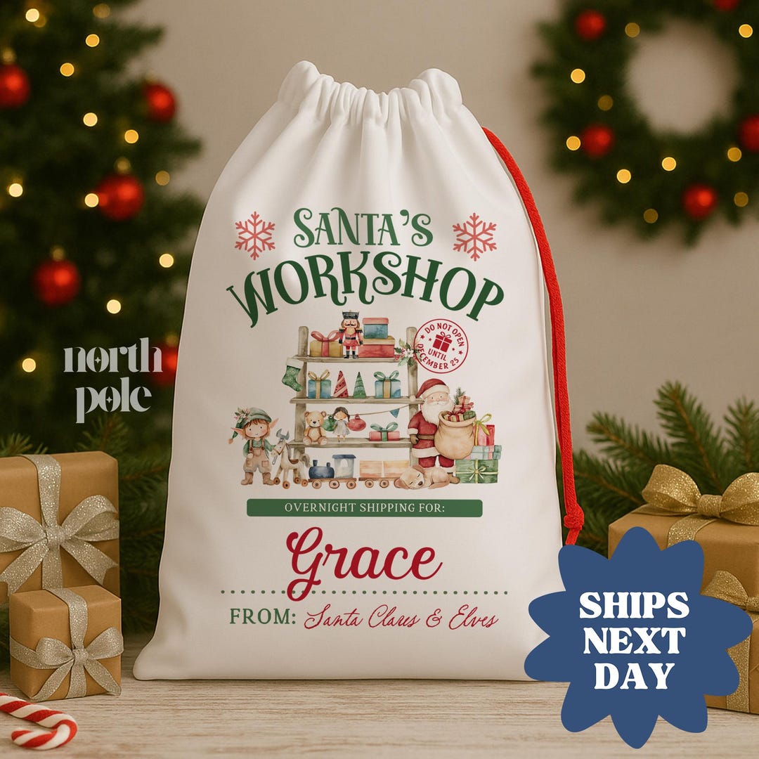 Santas Workshop Christmas Bag: Personalized Santa Gift Bag for Kids ...