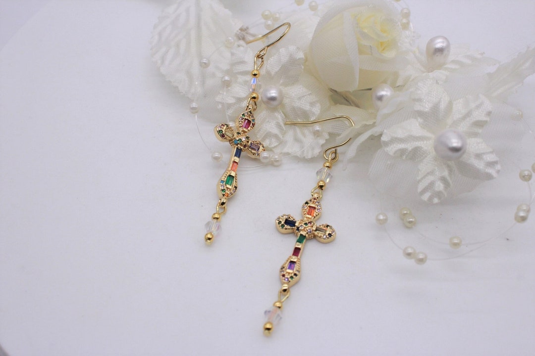 Dainty, Medieval Style, Cross Earrings. Gold With Multi - Colored Cz's ...