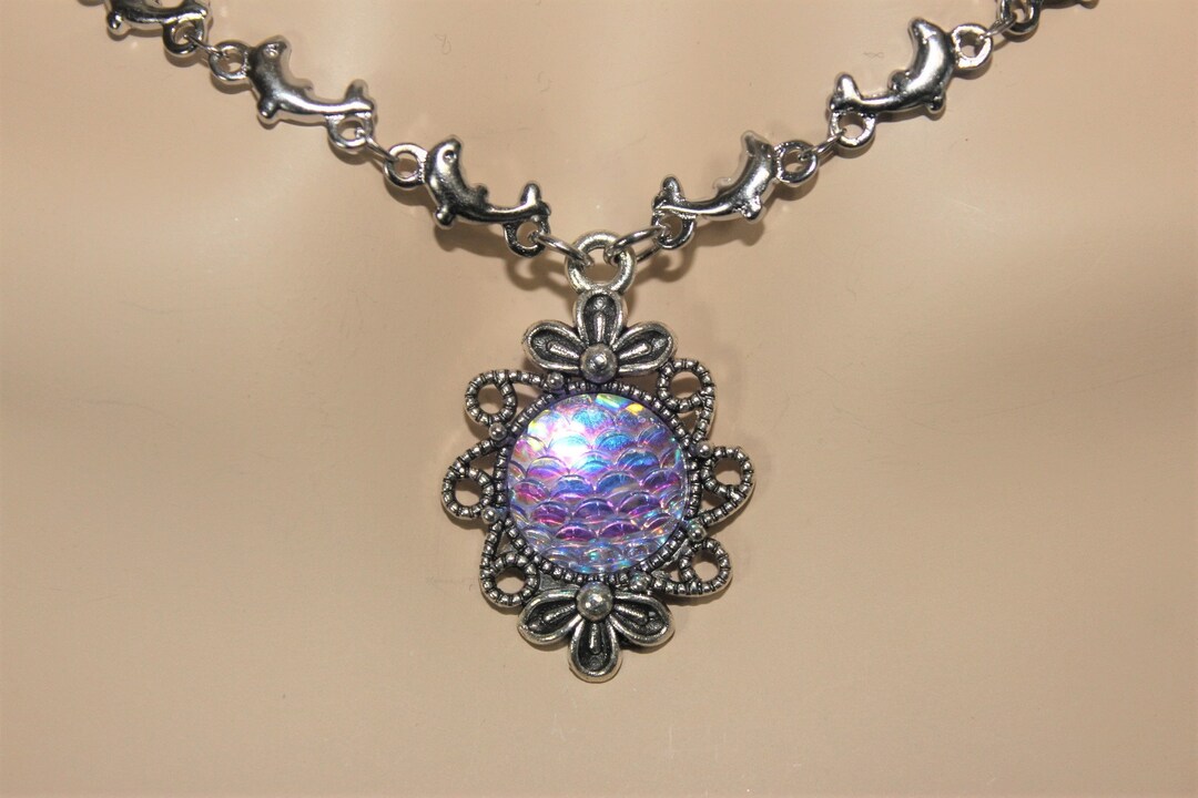Dolphin Chain Necklace: Iridescent Mermaid Scale Charm, Stainless Steel ...