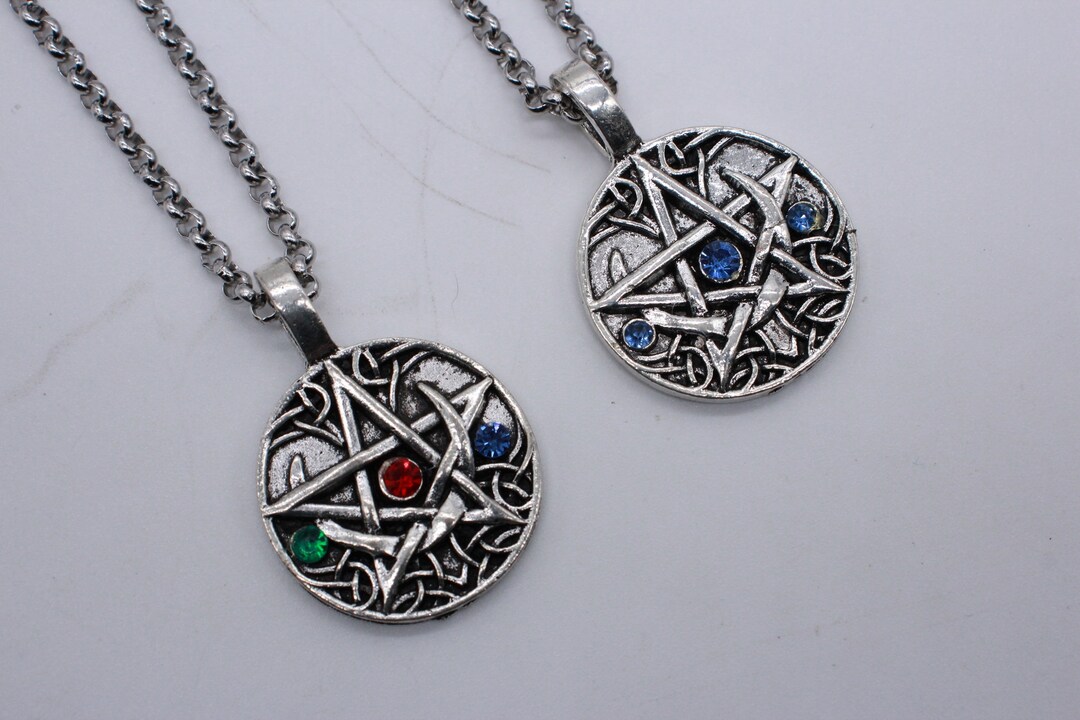 Wiccan Amulet. Antique Silver. Pentagram and Blue Rhinestones ...