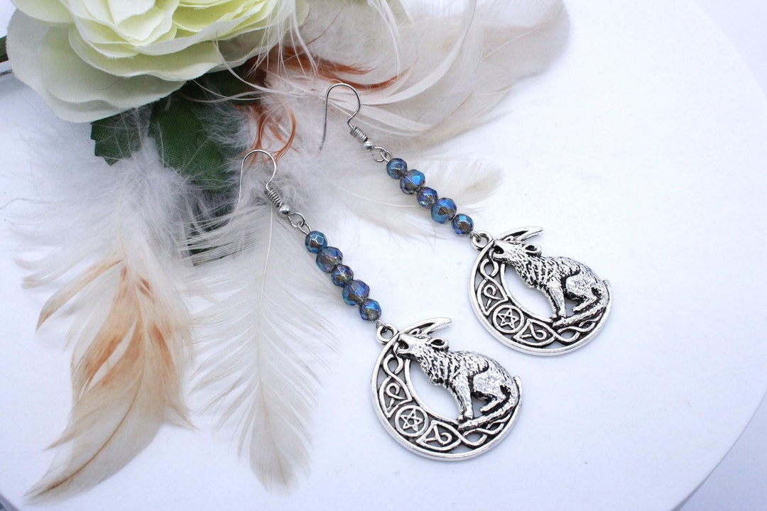 Celtic Wolf and Crescent Moon, Earrings. Blue Crystal Agate, Gemstone ...