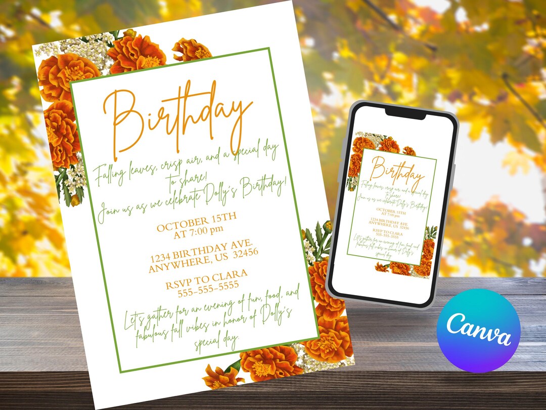 October Birth Flower Birthday Invitation, Marigold Flower, Editable ...