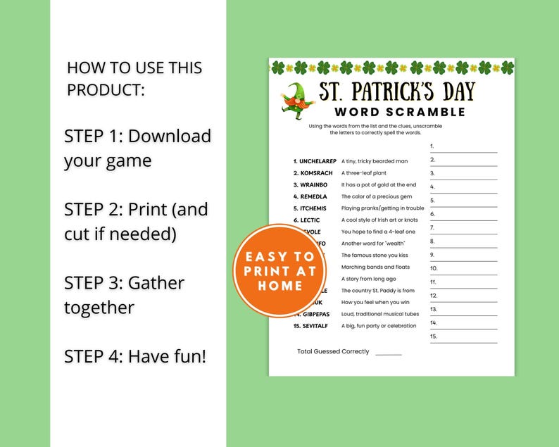 St Patrick’s Day Word Scramble Game, Family or Classroom Party Activity ...