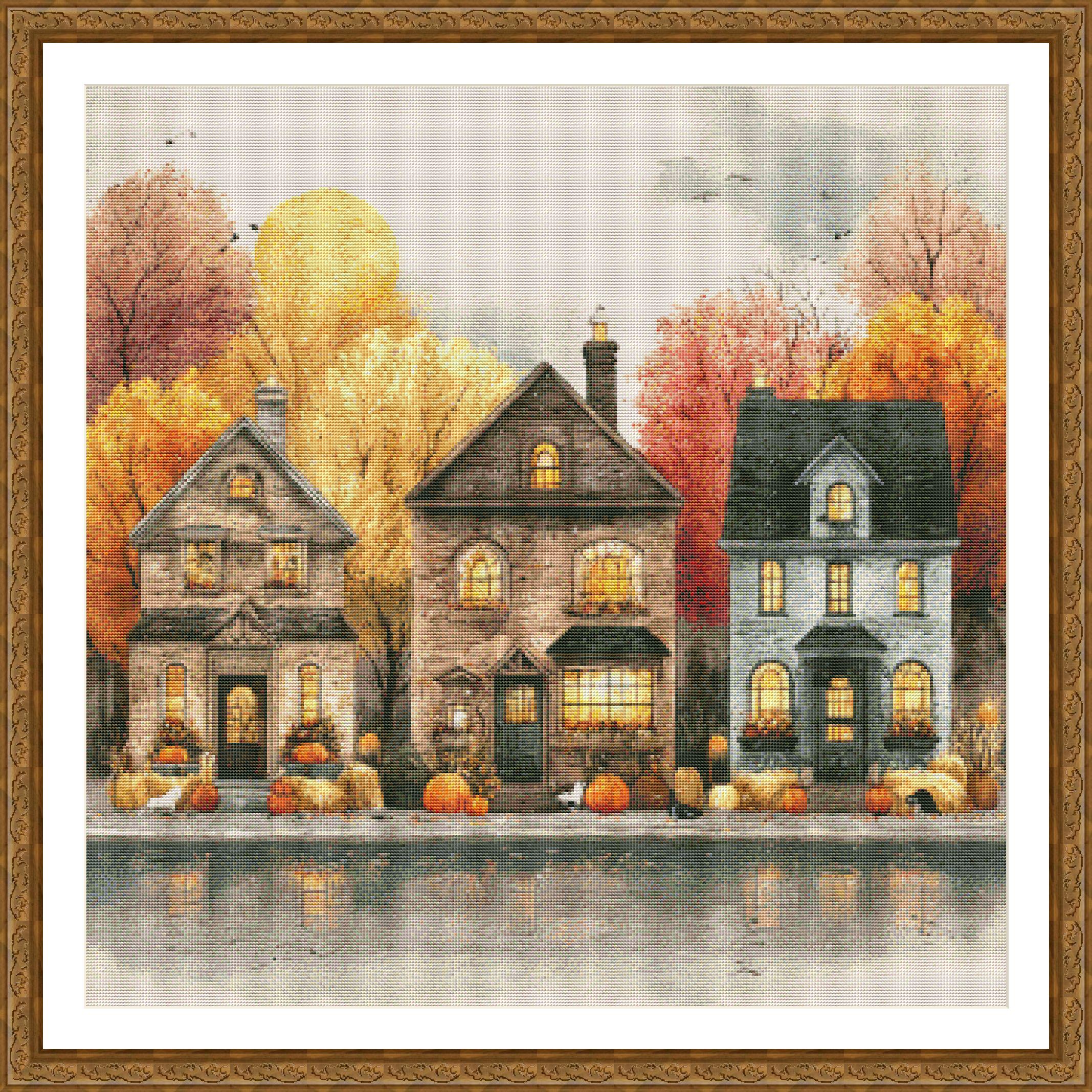 Autumn Houses Cross Stitch Pattern | Fall Scene With Cats & Pumpkins ...