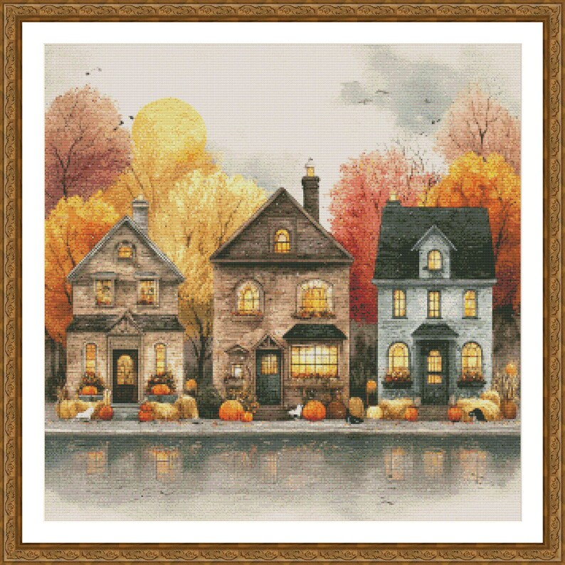 Autumn Houses Cross Stitch Pattern | Fall Scene With Cats & Pumpkins ...