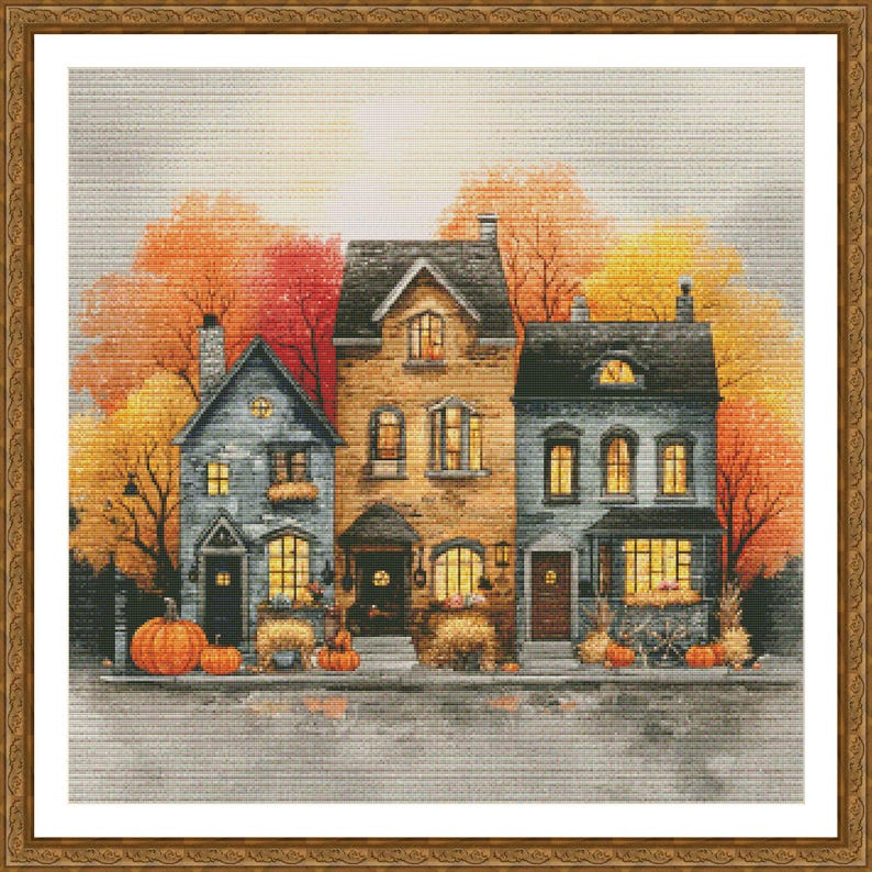 Autumn Houses Cross Stitch Pattern | Fall Scene With Cats & Pumpkins ...